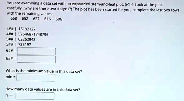 You are examining a data set with an expanded stem-and-leaf plot. (Hint: Look at the plot ...