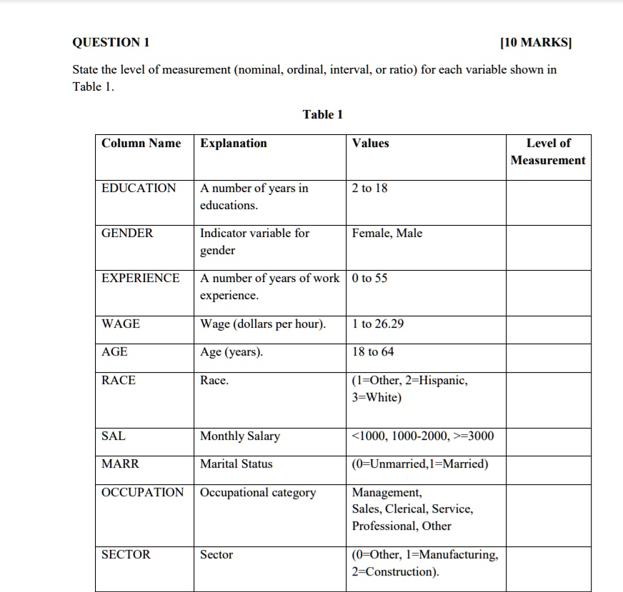 question 10 marks state the level of measurement nominal ordinal ...