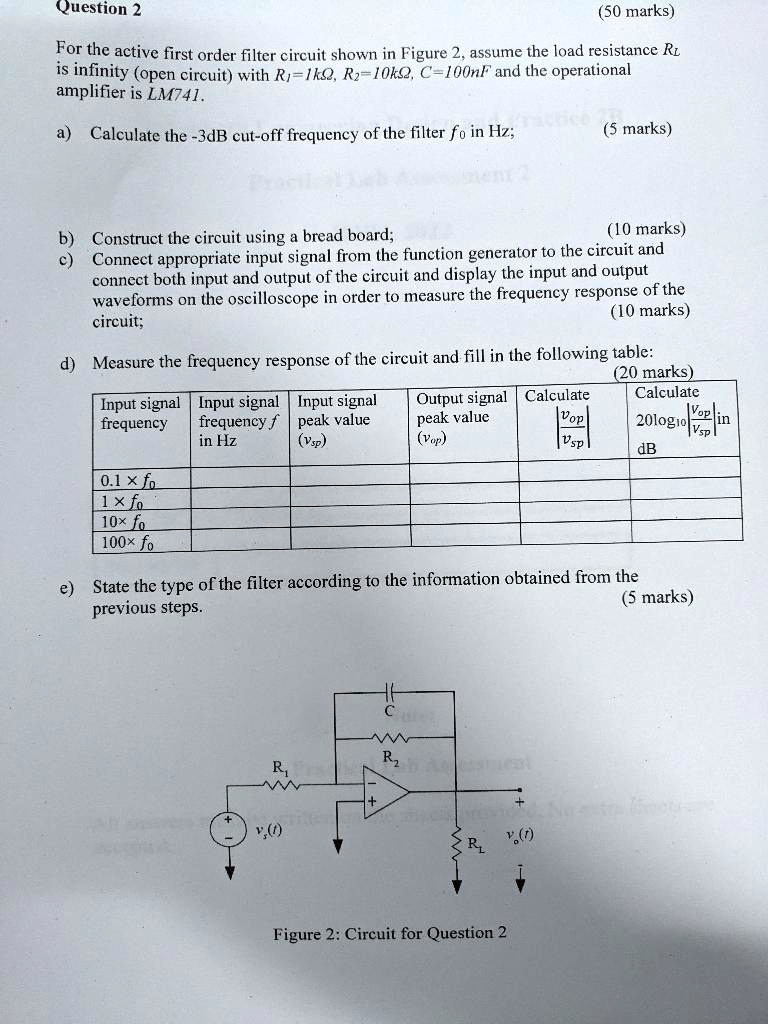 question 2 50 marks amplifier is lm741 acalculate the 3db cut off frequency of the filter fo in ...