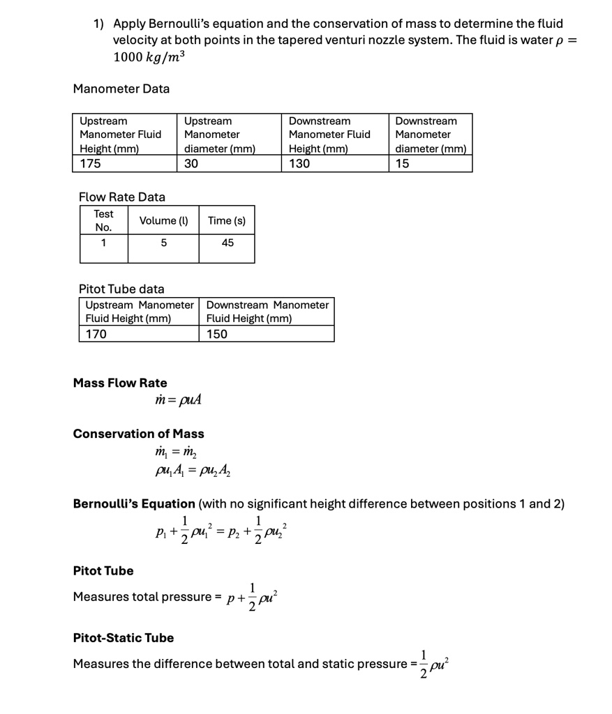Determine the fluid velocity at both points in the tapered venturi ...