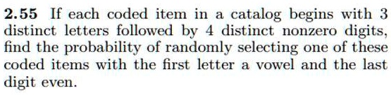 255 if each coded item in catalog begins with distinct letters followed by distinct nonzero ...