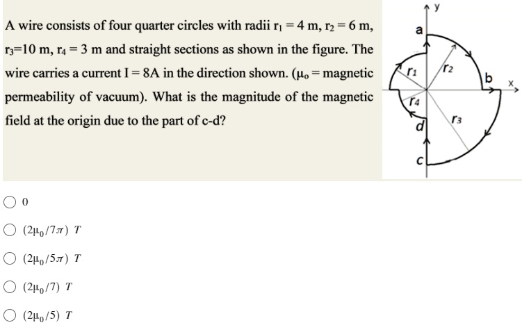 SOLVED: A wire consists of four quarter circles with radii r = 4 m, r2 ...