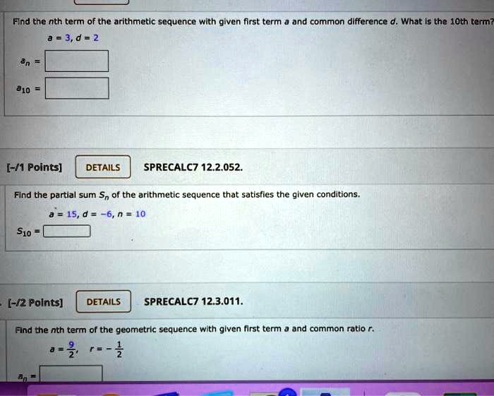 Solved Find The Nth Term Of The Arithmetic Sequence Wlth Given First