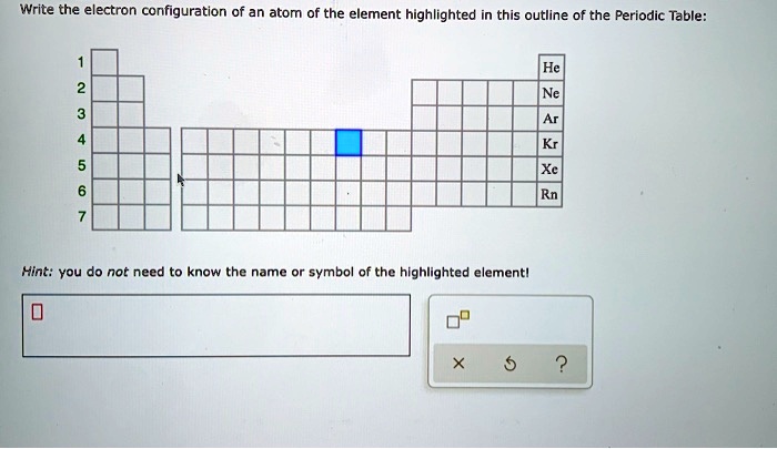 SOLVED: Write the electron configuration of an atom of the element highlighted in this outline ...