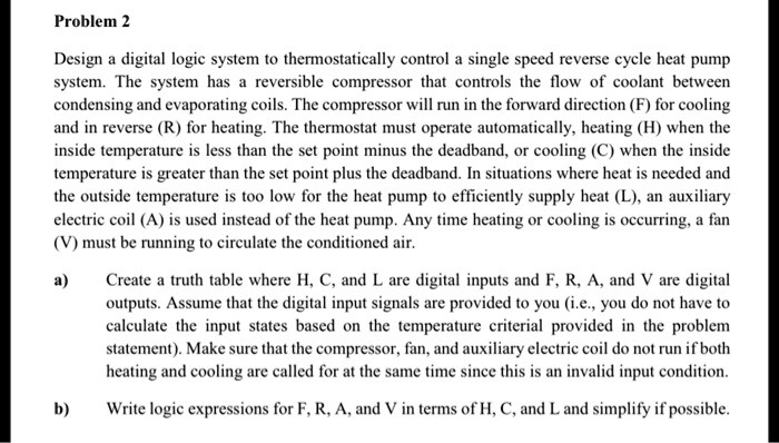 SOLVED: Problem 2 Design a digital logic system to thermostatically control a single-speed ...