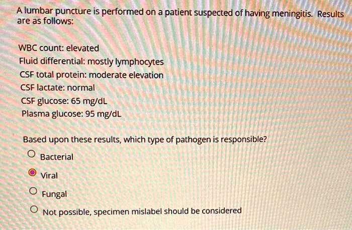SOLVED: A lumbar puncture is performed on a patient suspected of having ...
