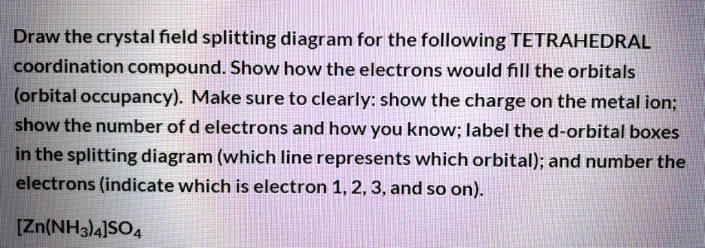 SOLVED: Draw the crystal field splitting diagram for the following ... SOLVED: Draw the crystal field splitting diagram for the following ...