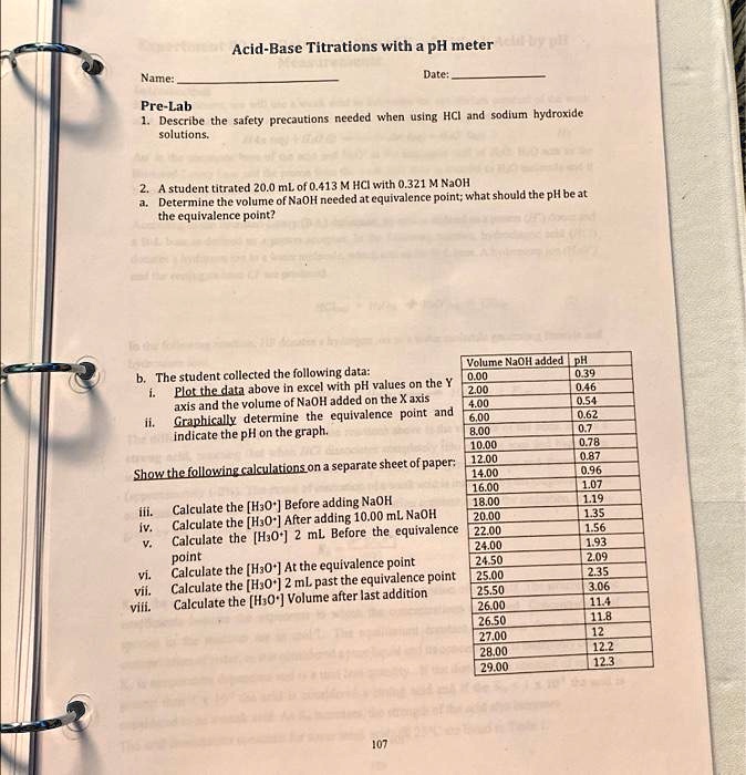 acid base titrations with a ph meter date name pre lab 1 describe the ...
