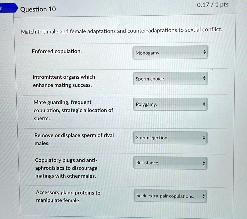 SOLVED: Match the male and female adaptations and counter-adaptations ...