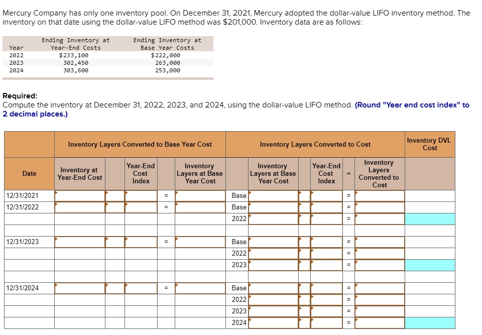SOLVED: Mercury Company has only one inventory pool. On December 31 ...