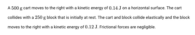 A 500 g cart moves to the right with a kinetic energy of 014...