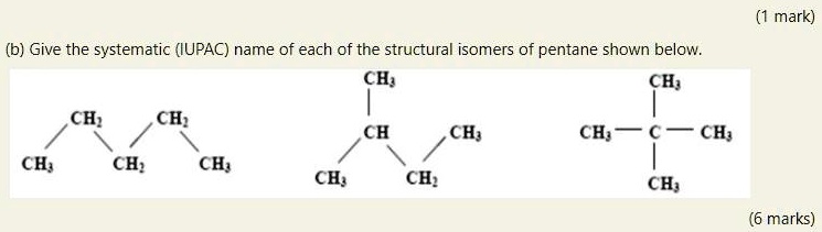 SOLVED: Give the systematic (IUPAC) name of each of the structural isomers of pentane shown ...
