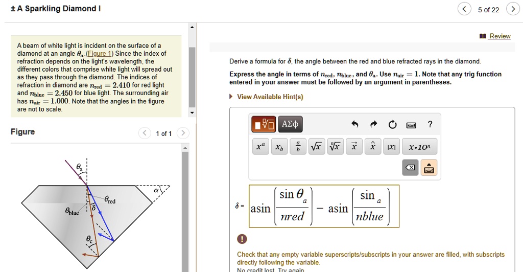 SOLVED: A Sparkling Diamond I Review A beam of white light is incident ...