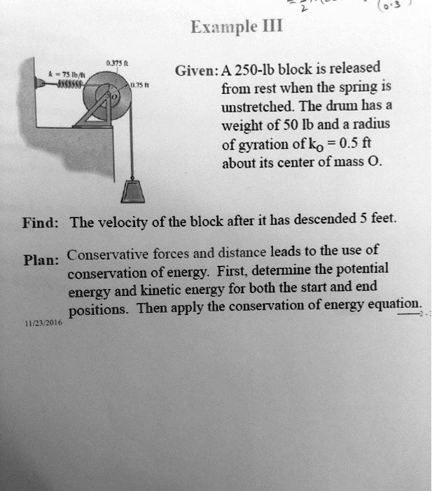 0.375 ft k-75 lb/t 0000000 0.75 ft 2 0.3 Example III Given: A 250-lb block is released from rest ...