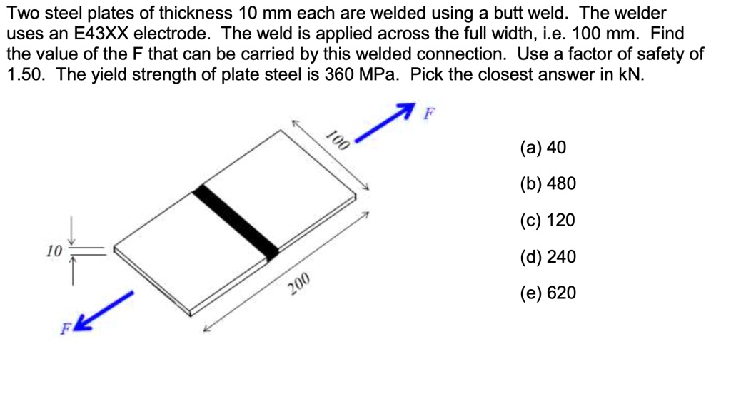 two steel plates of thickness 10 mm each are welded using a butt weld ...