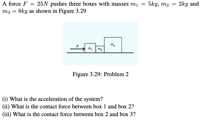 A force F = 25N pushes three boxes with masses m? = 5kg, m2 = 2kg and m3 = 8kg as shown in ...