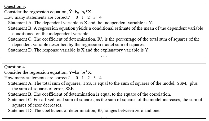 SOLVED: Question 3 Consider the regression equation; Y-bot+b*X How many statements are correct ...