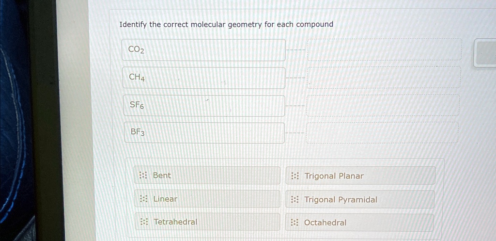 Identify the correct molecular geometry for each compound CH₄ SF₆ BF₃ ...
