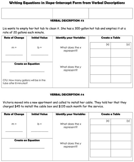 SOLVED: Writing Equations in Slope-Intercept Form from Verbal ...