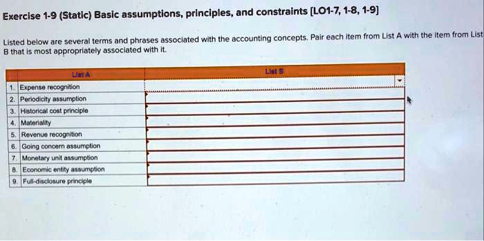 Exercise 1-9 (Static) Basic assumptions, principles, and constraints [LO1-7, 1-8, 1-9 ...