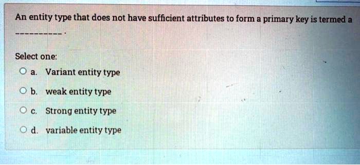 Solved Database An Entity Type That Does Not Have Sufficient Attributes To Form A Primary Key