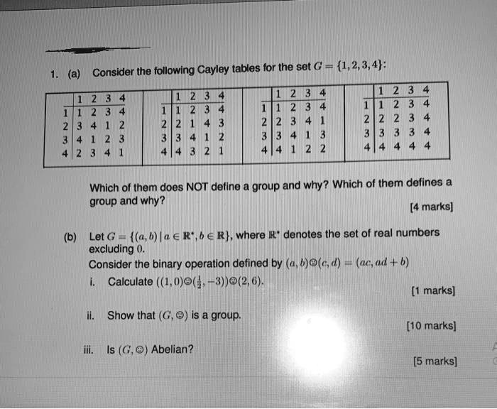 consider the following cayley tables for the set g 1234 3 h which of hem does not deline a group ...