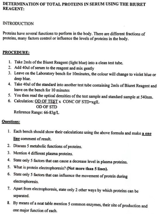 SOLVED: DETERMINATION OF TOTAL PROTEINS IN SERUM USING THE BIURET ...