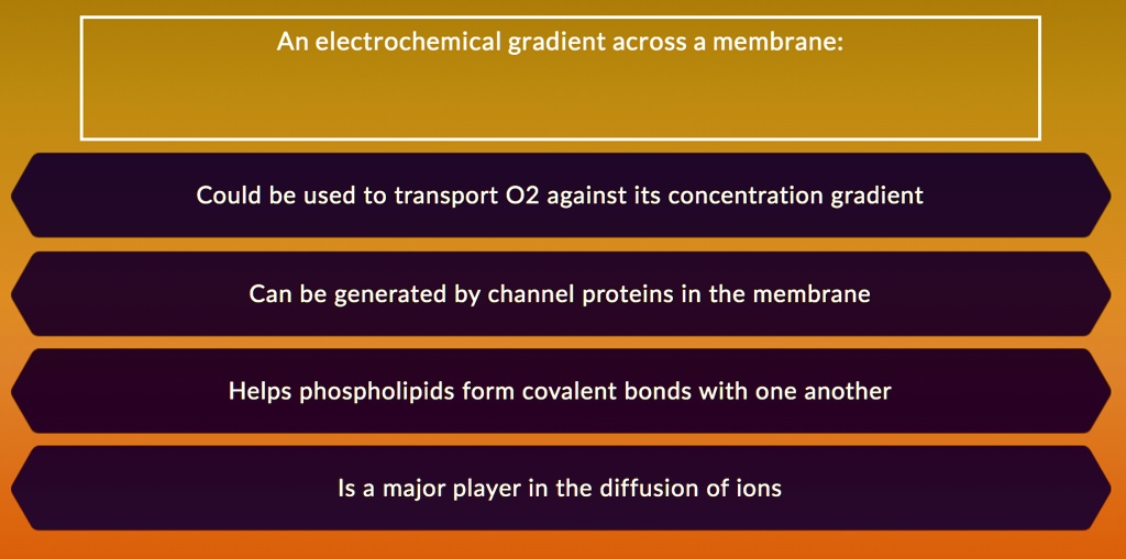 SOLVED: An electrochemical gradient across a membrane: Could be used to ...