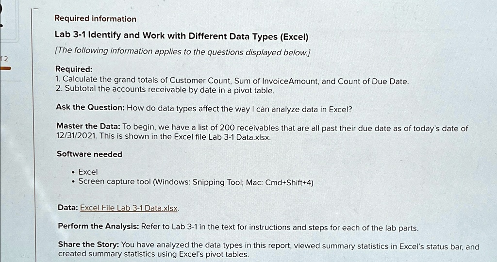 SOLVED: Required information Lab 3-1 Identify and Work with Different Data Types (Excel) [The ...
