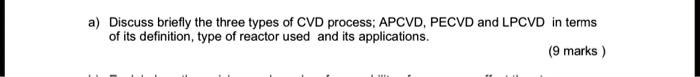 SOLVED: Discuss briefly the three types of CVD processes: APCVD, PECVD ...