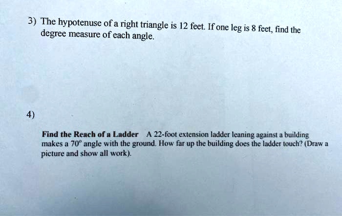 3 the hypotenuse of a right triangle is 12 feet ifone leg is 8 feet ...