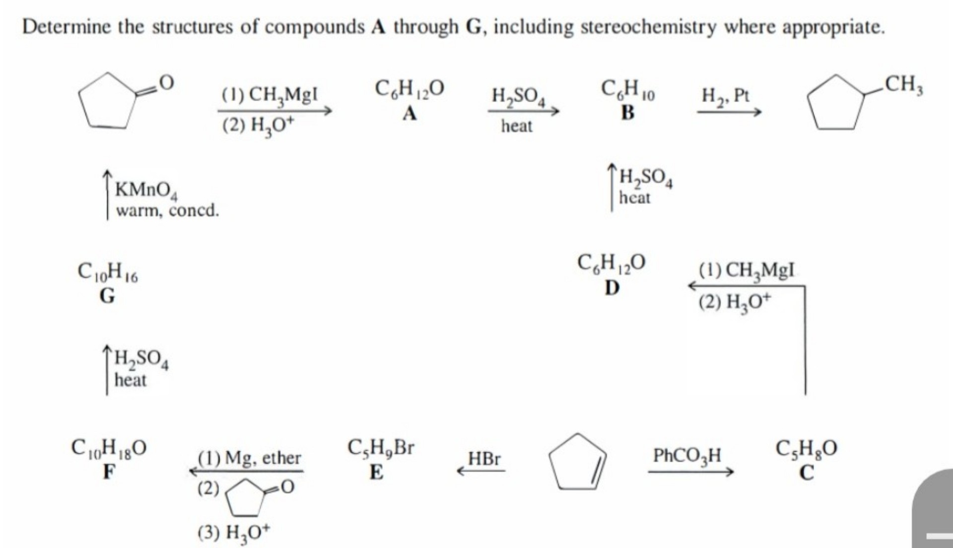 Determine the structures of compounds 𝐀 through 𝐆, including stereochemistry where appropriate.