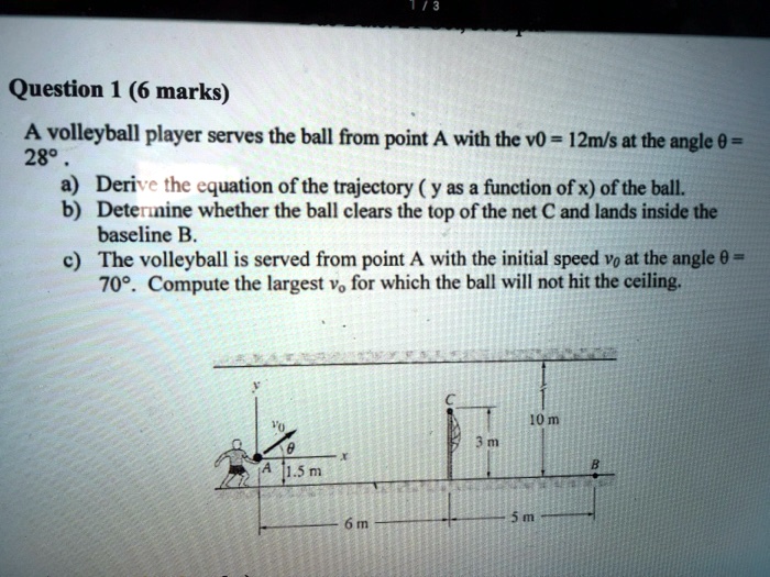 SOLVED: Question 1 (6 marks): A volleyball player serves the ball from ...