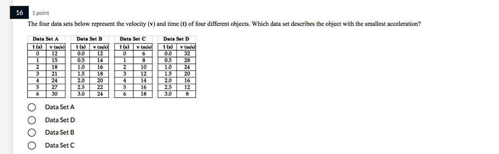 1point the four data sets below represent the velocity and time t of four different objects ...