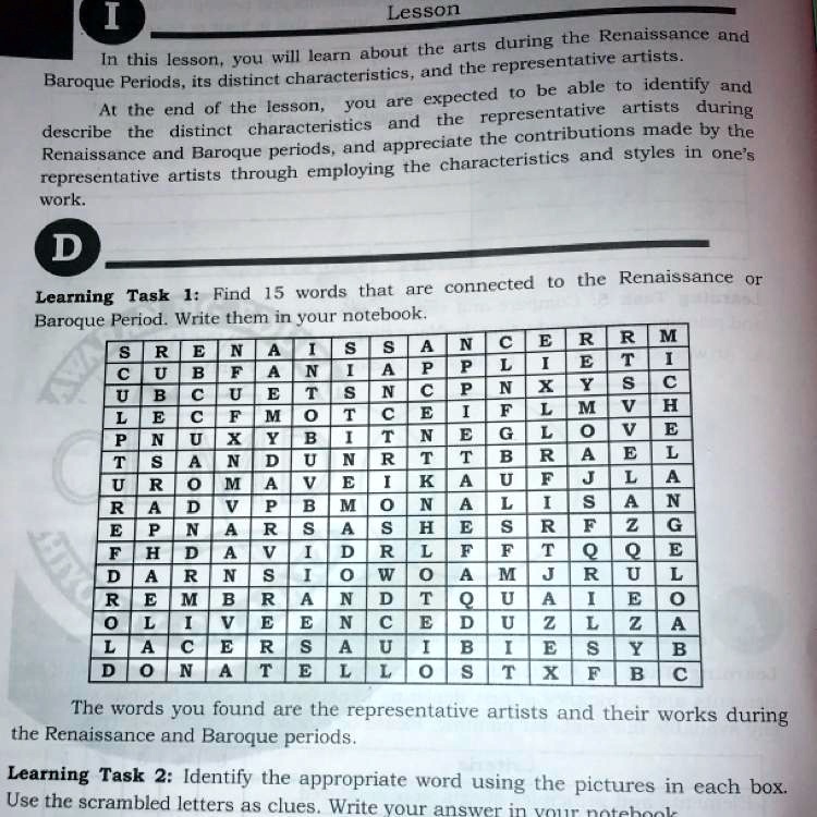 Learning Task 1: Find 15 words that are connected to the Renaissance or Baroque Period. Write ...