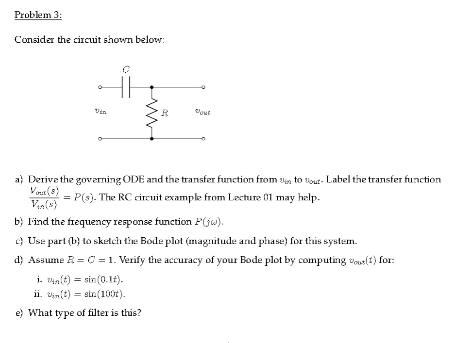 problem 3 consider the circuit shown below c vin r vout a derive the governing ode and the ...