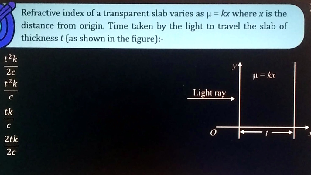SOLVED: Refractive index of a transparent slab varies as n = kx, where x is the distance from ...