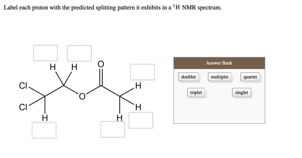 SOLVED: Label each proton with the predicted splitting pattern it exhibits in a 'H NMR spectrum ...