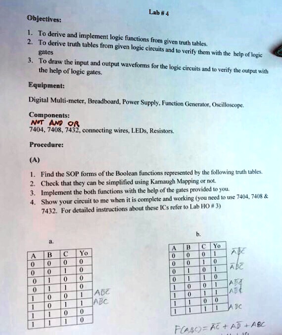Lab # 4 Objectives: 1. To derive and implement logic functions from given truth tables. 2. To ...