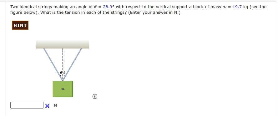 SOLVED: Two identical strings making an angle of 0 28.30 with respect to the vertical support ...