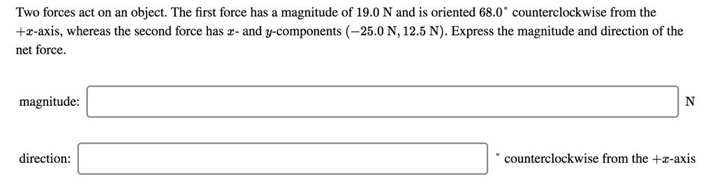 Solved Two Forces Act On An Object The First Force Has Magnitude Of 19 0 N And Is Oriented 68