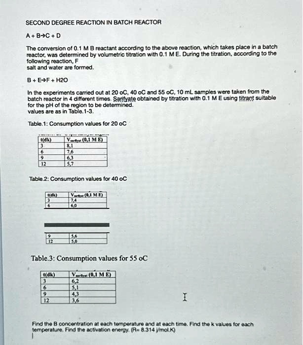 SOLVED: SECOND DEGREE REACTION IN BATCH REACTOR A + B -> C + D The conversion of 0.1 M B ...