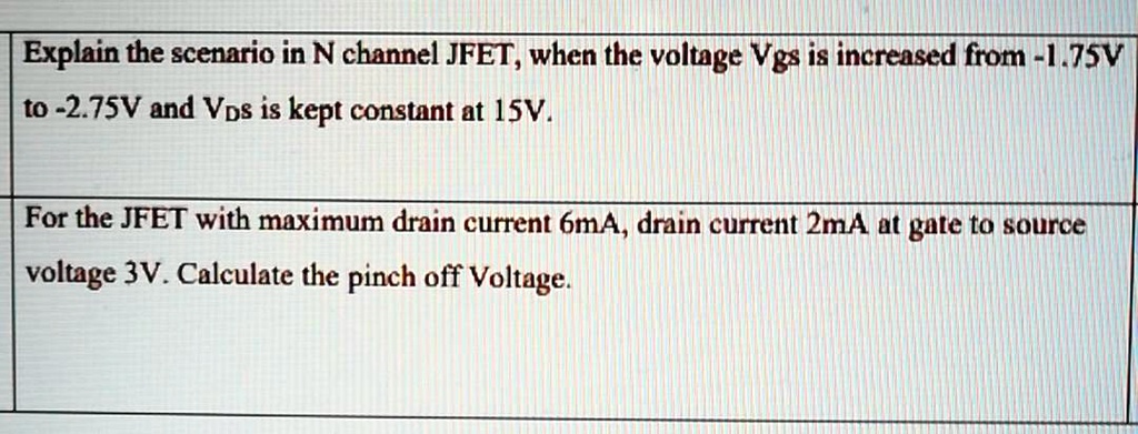 SOLVED: Explain the scenario in an N-channel JFET when the voltage Vgs ...