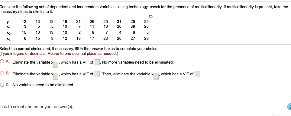 SOLVED: Consider the following set of dependent and independent variables . Using technology ...