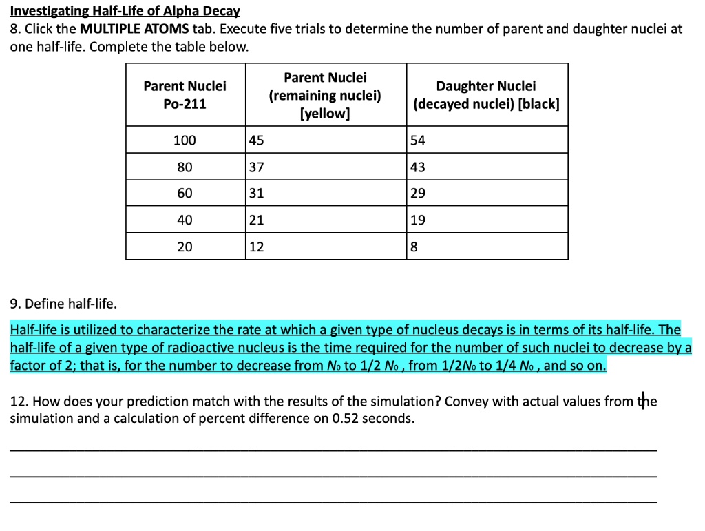 SOLVED: Please answer #12 Investigating Half-Life of Alpha Decay 8 ...