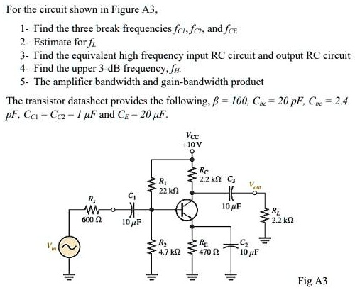 For the circuit shown in Figure A3, 1- Find the three break frequencies ...