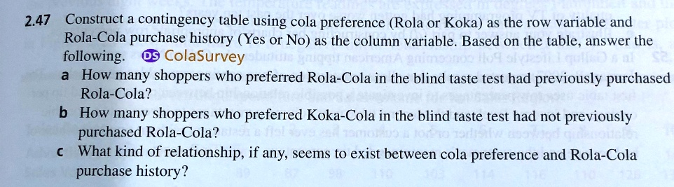 2.47 Construct a contingency table using cola preference (Rola or Koka) as the row variable and ...