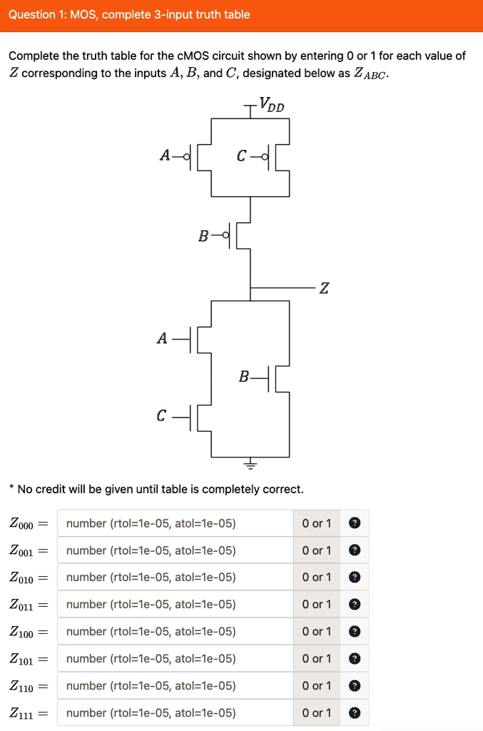 SOLVED: Question 1: MOS, complete 3-input truth table Complete the ...