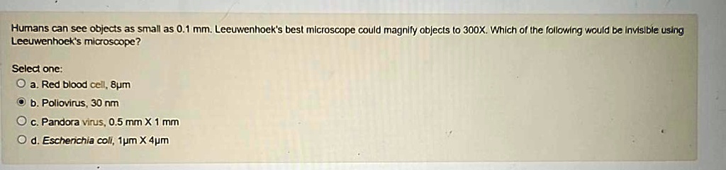 SOLVED: Humans can see objects as small as 0.1 mm. Leeuwenhoek's best microscope could magnify ...
