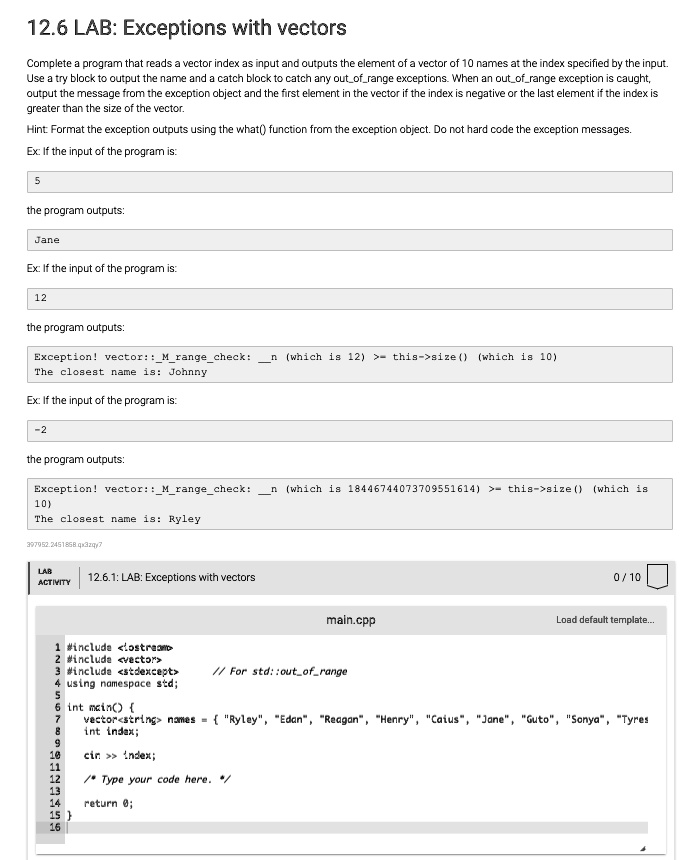 126 Lab Exceptions With Vectors Complete A Program That Reads A Vector Index As Input And
